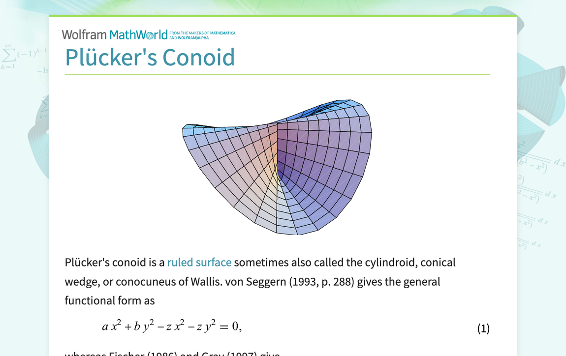 Plücker's Conoid -- from Wolfram MathWorld