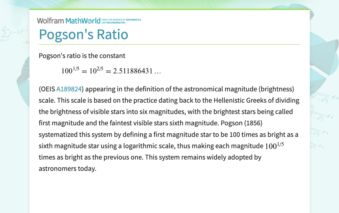 Pogson's Ratio -- from Wolfram MathWorld