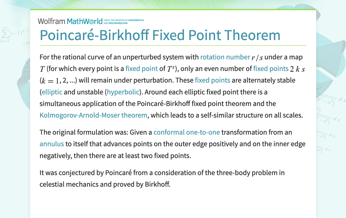 Poincaré-Birkhoff Fixed Point Theorem -- from Wolfram MathWorld