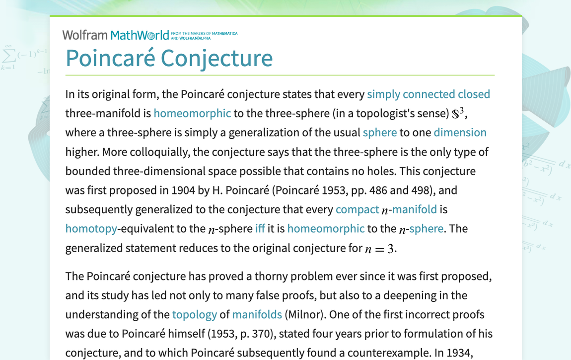Poincaré Conjecture -- from Wolfram MathWorld