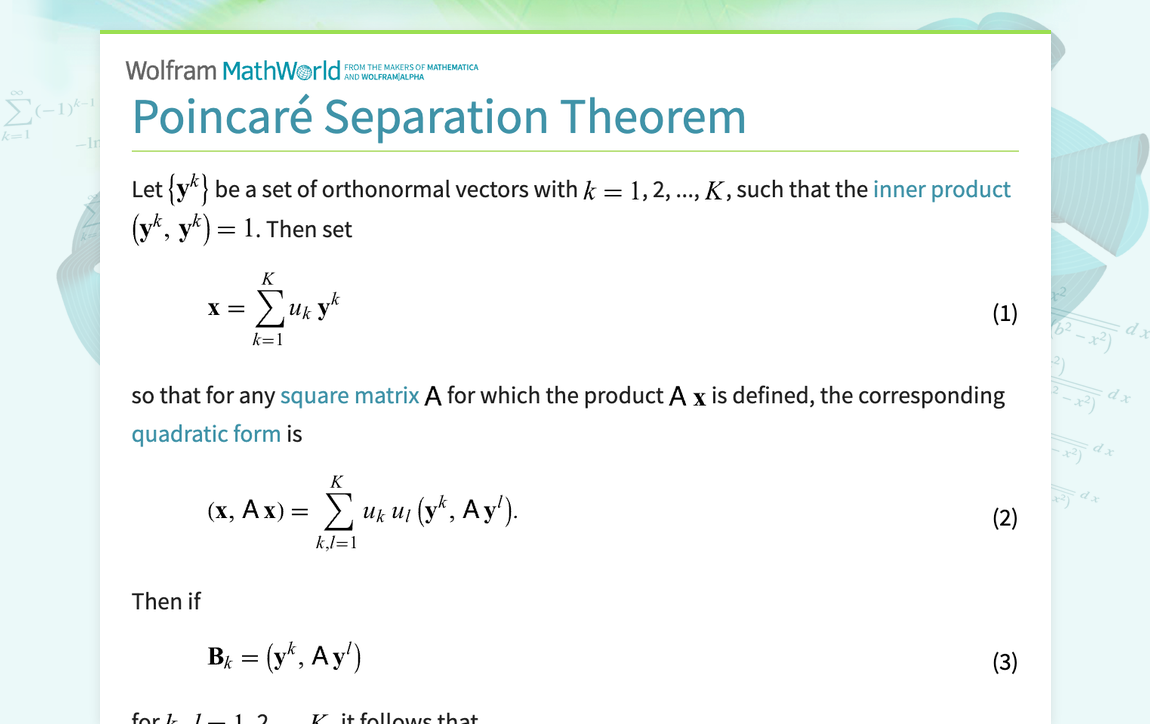 Poincaré Separation Theorem -- from Wolfram MathWorld