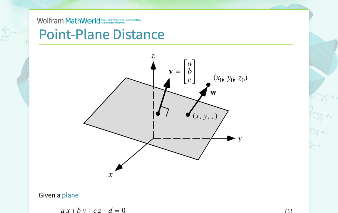 Point-Plane Distance -- from Wolfram MathWorld