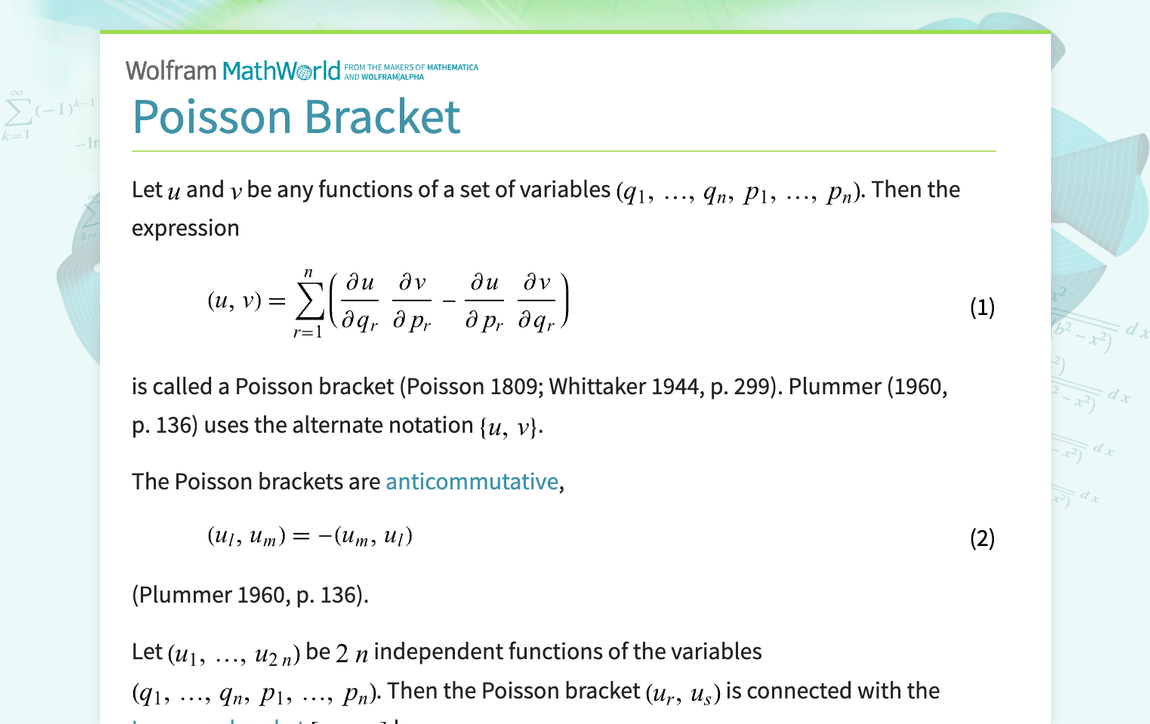 Poisson Bracket -- from Wolfram MathWorld