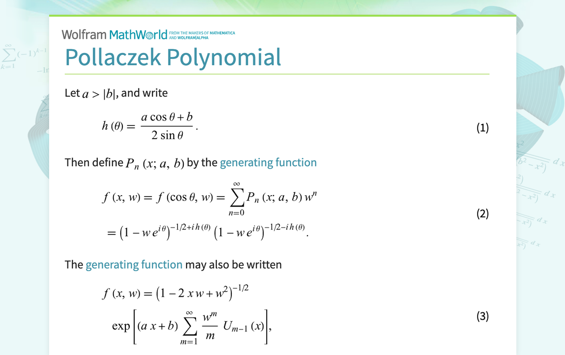 Pollaczek Polynomial -- from Wolfram MathWorld