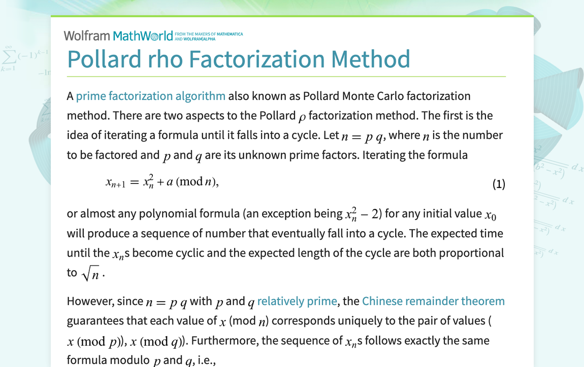Pollard Rho Factorization Method From Wolfram Mathworld