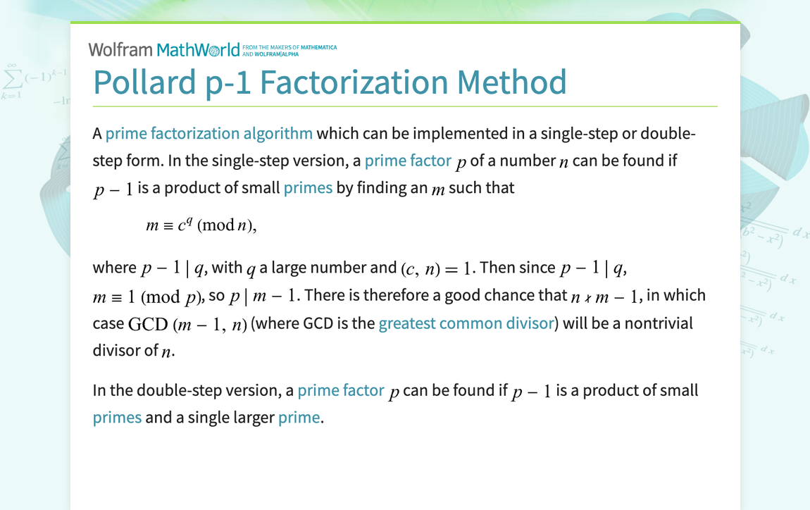 Pollard P 1 Factorization Method From Wolfram Mathworld