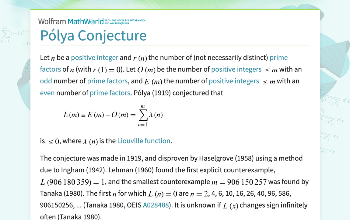 Pólya Conjecture -- from Wolfram MathWorld