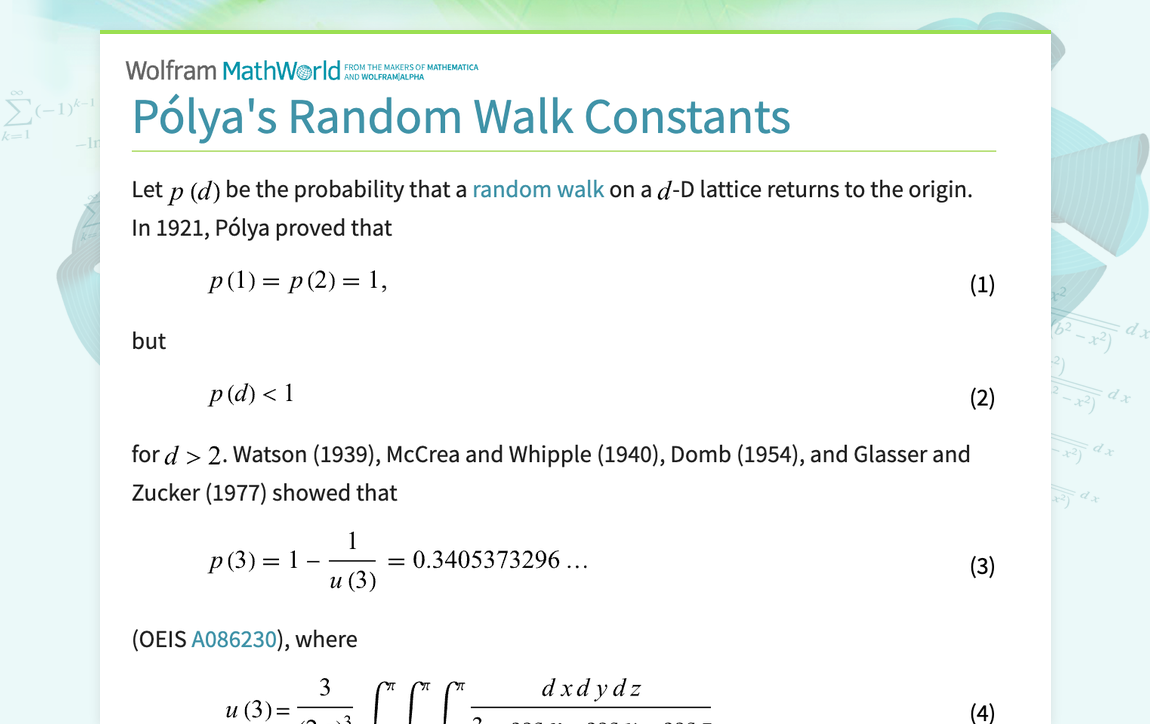 Pólya's Random Walk Constants -- from Wolfram MathWorld