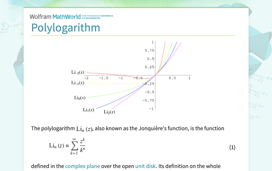 Polylogarithm -- from Wolfram MathWorld
