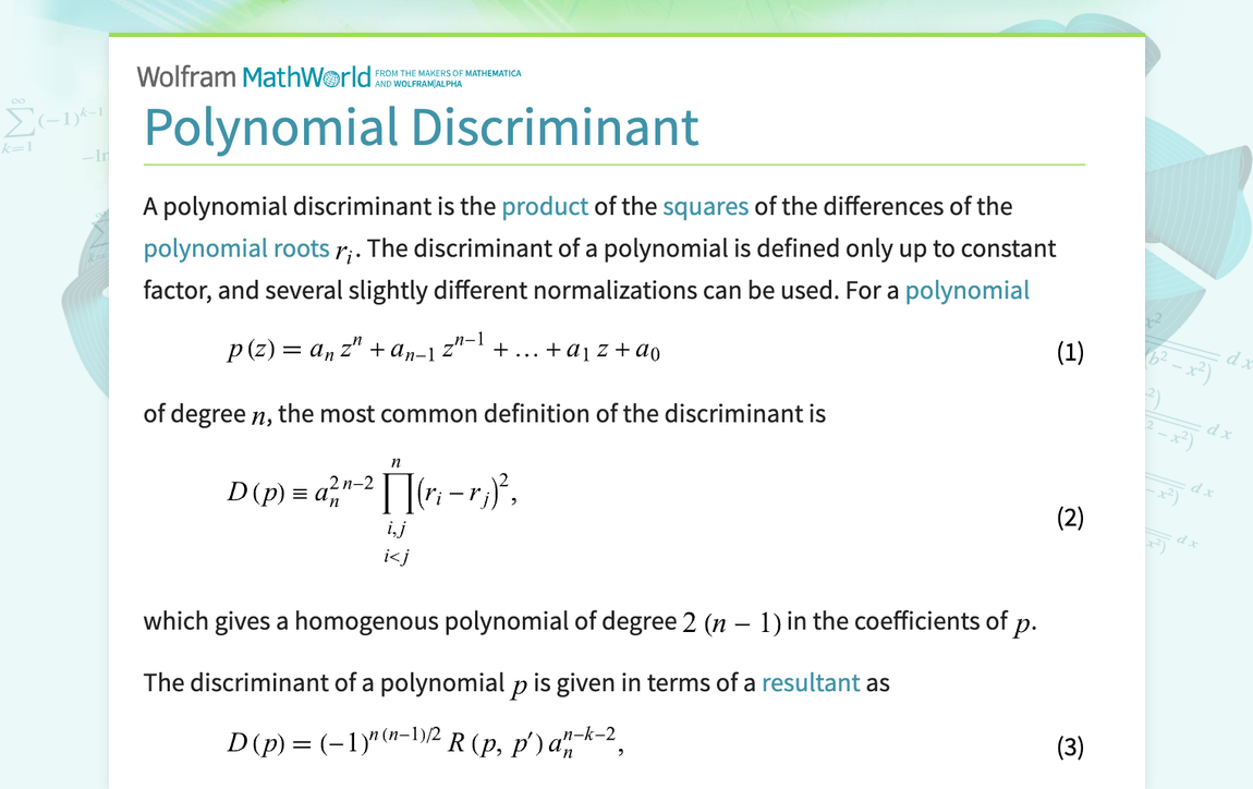 Polynomial Discriminant -- from Wolfram MathWorld