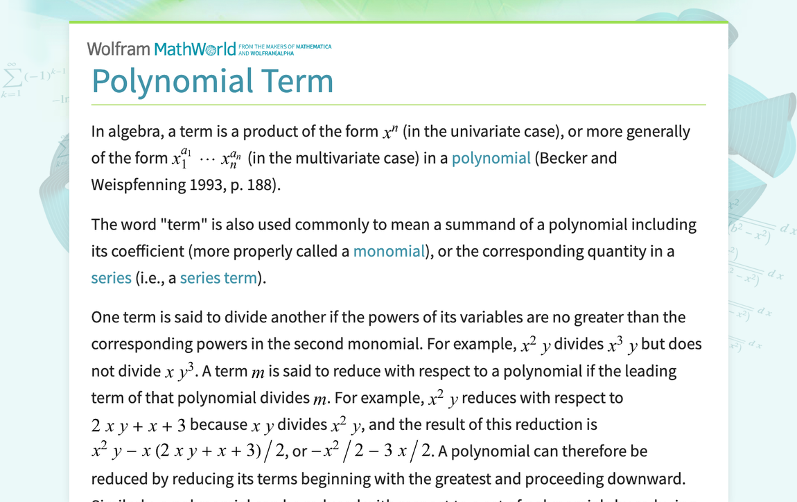 Polynomial Term -- from Wolfram MathWorld