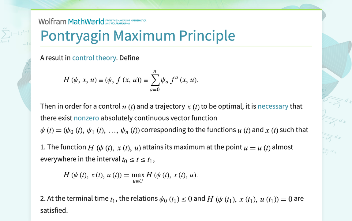 Pontryagin Maximum Principle -- from Wolfram MathWorld