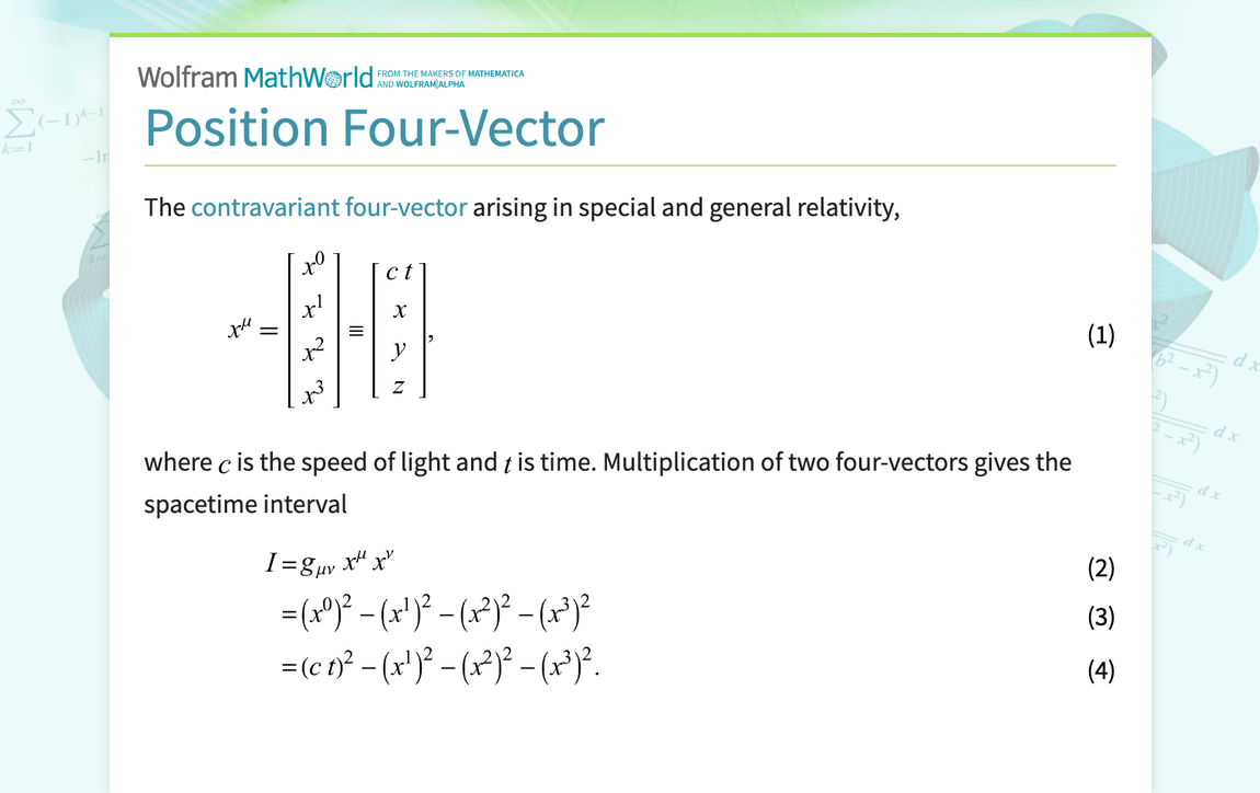 Position Four-Vector -- from Wolfram MathWorld