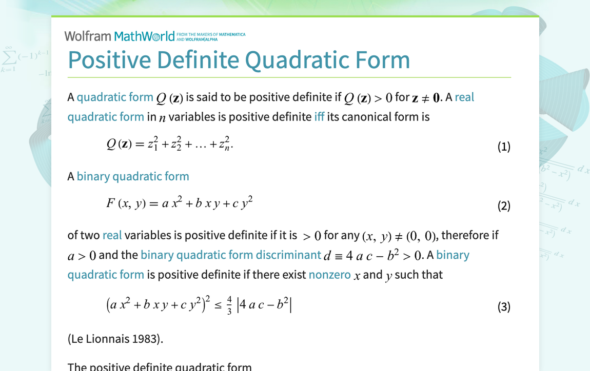Positive Definite Quadratic Form -- from Wolfram MathWorld