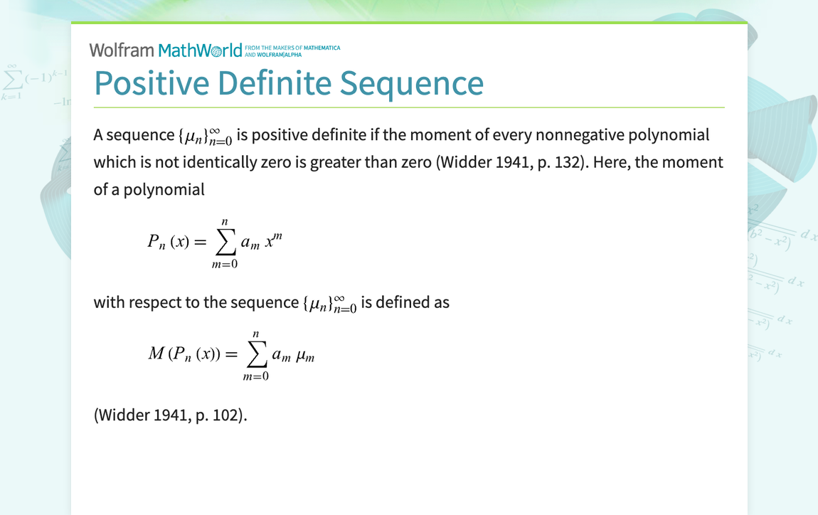 Positive Definite Sequence From Wolfram Mathworld