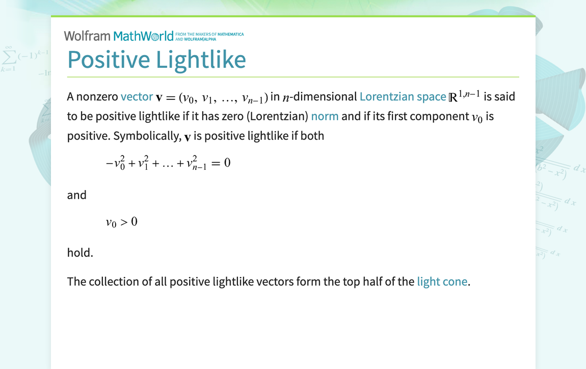 Positive Lightlike -- from Wolfram MathWorld