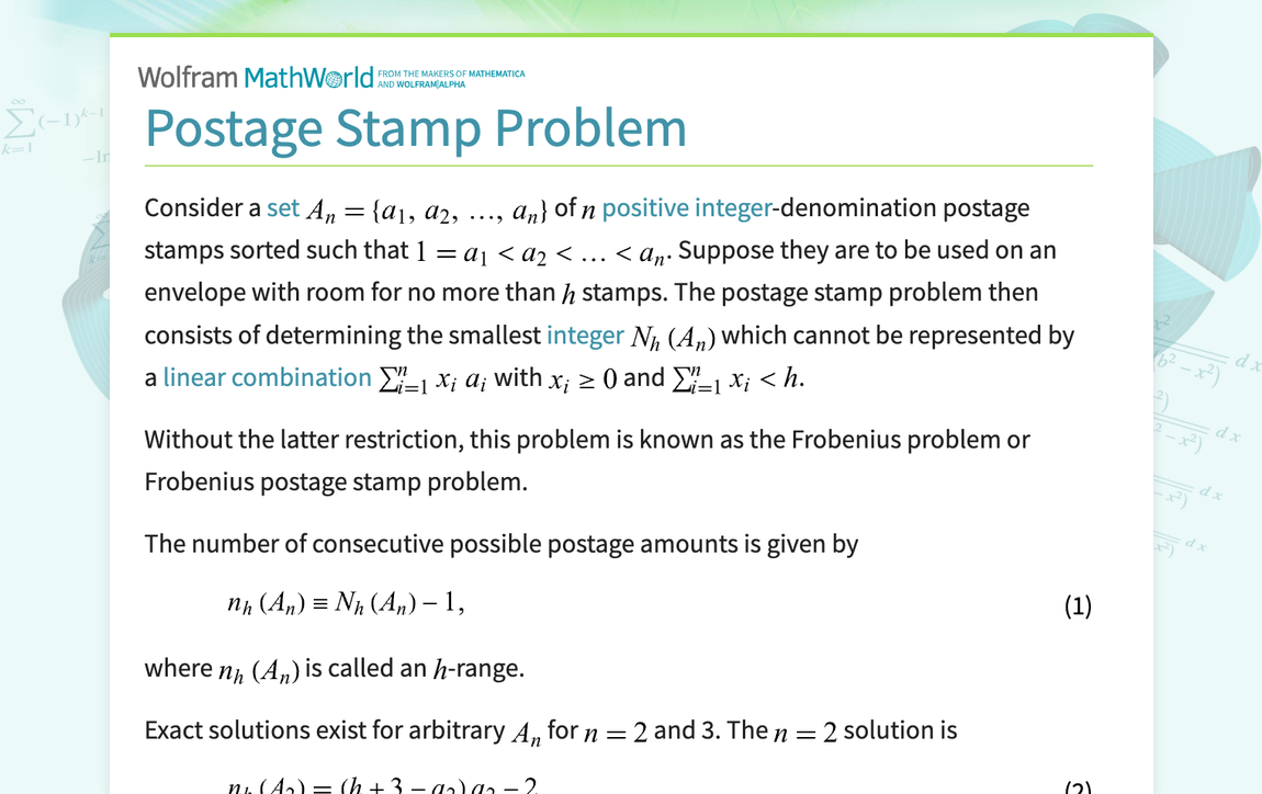 Postage Stamp Problem -- from Wolfram MathWorld