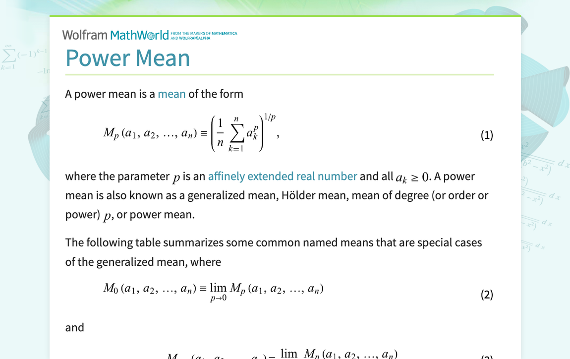 Power Mean -- from Wolfram MathWorld