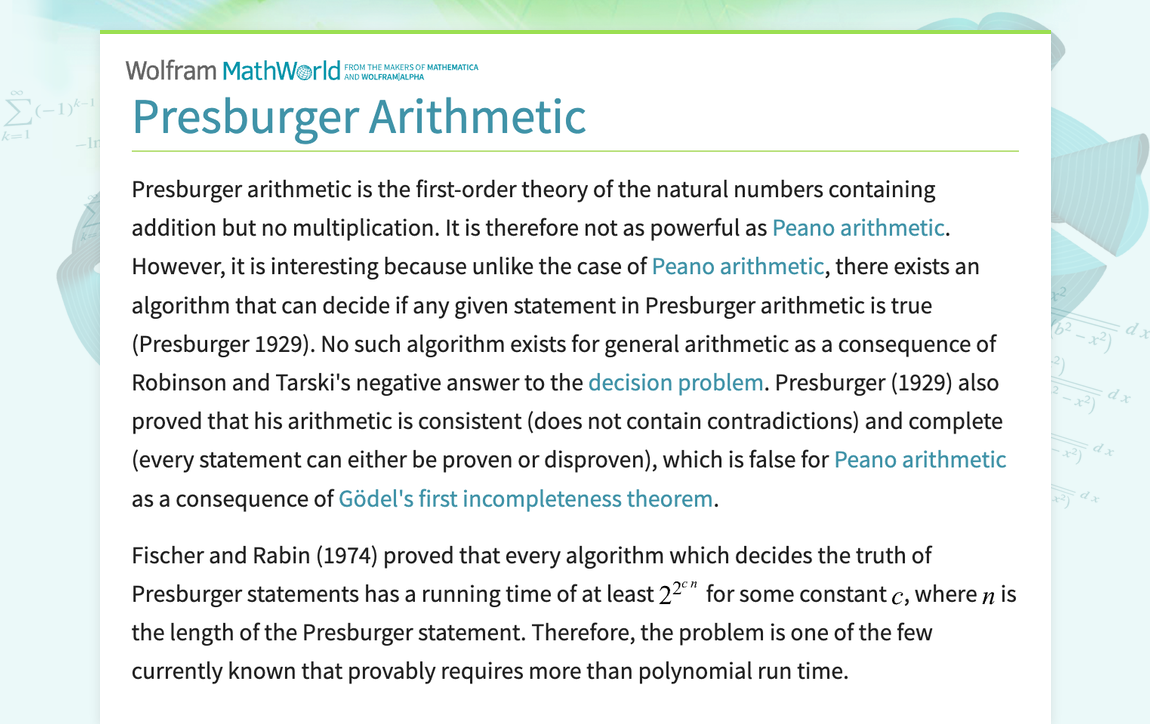 Presburger Arithmetic -- from Wolfram MathWorld