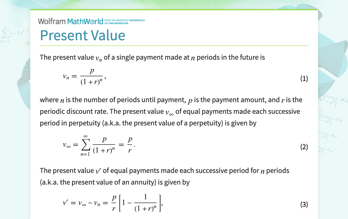 Present Value -- from Wolfram MathWorld