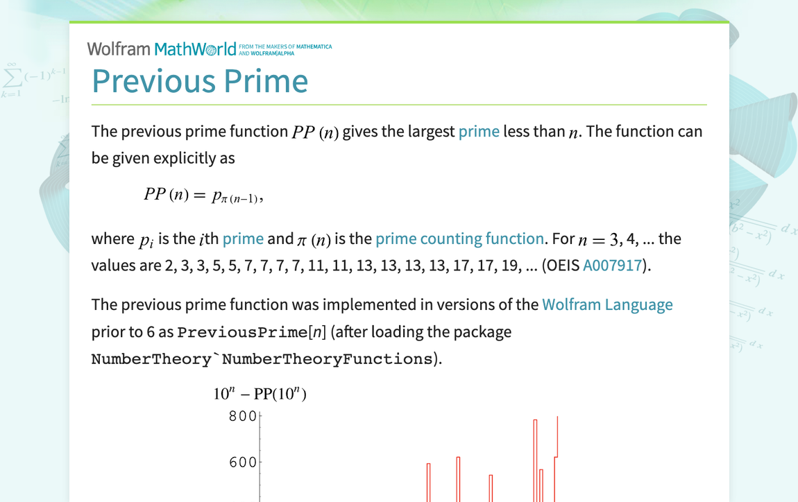 Previous Prime -- from Wolfram MathWorld