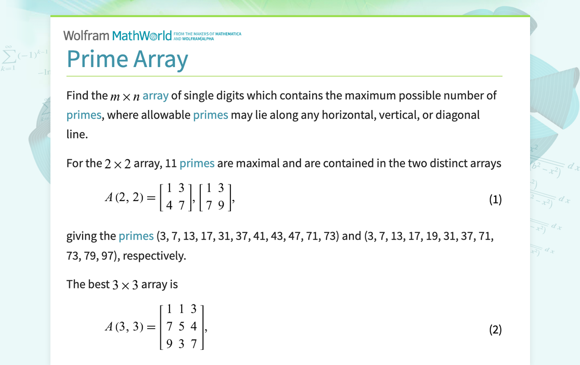 Prime Array -- from Wolfram MathWorld