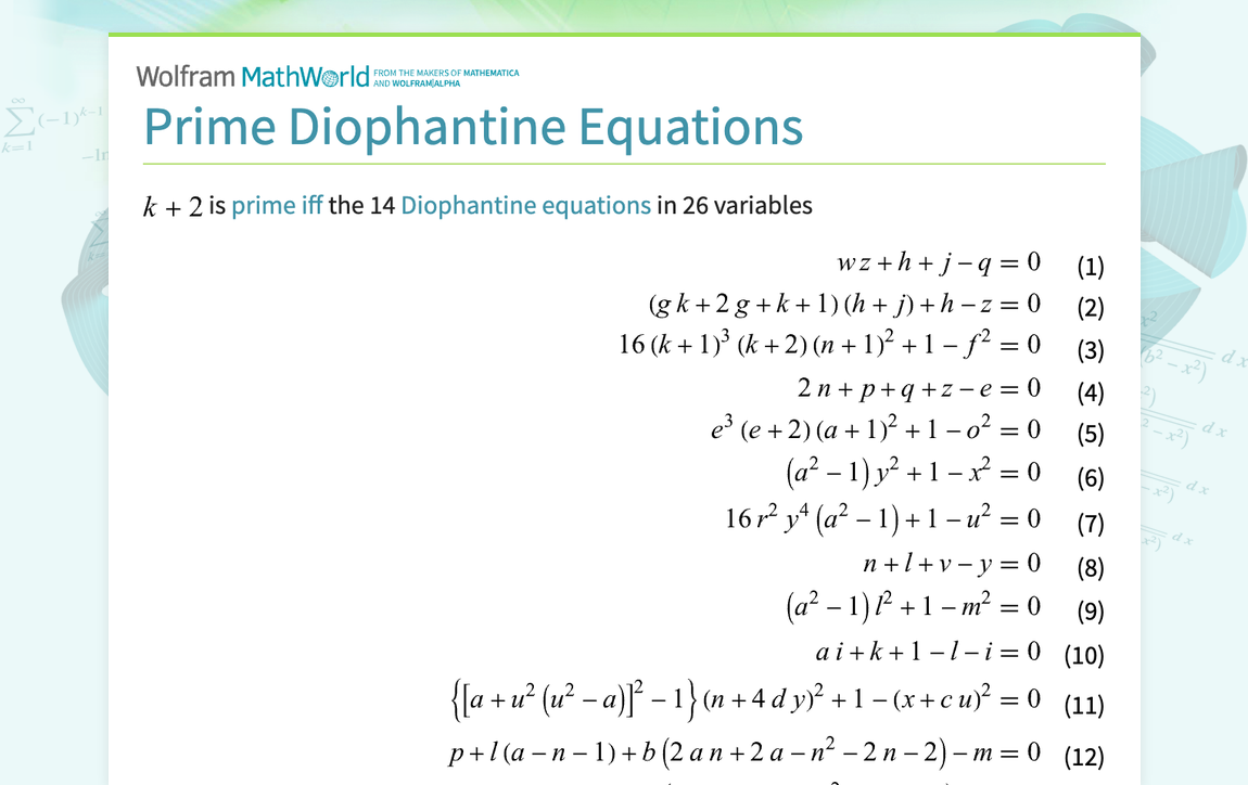Prime Diophantine Equations -- from Wolfram MathWorld