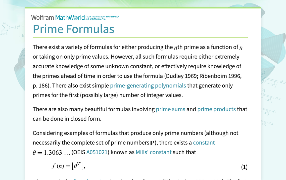 Prime Formulas From Wolfram Mathworld