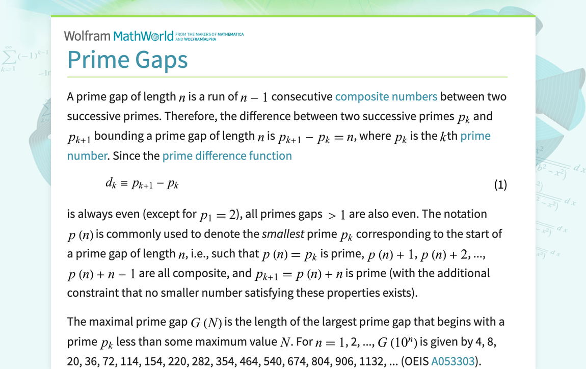 Prime Gaps -- from Wolfram MathWorld