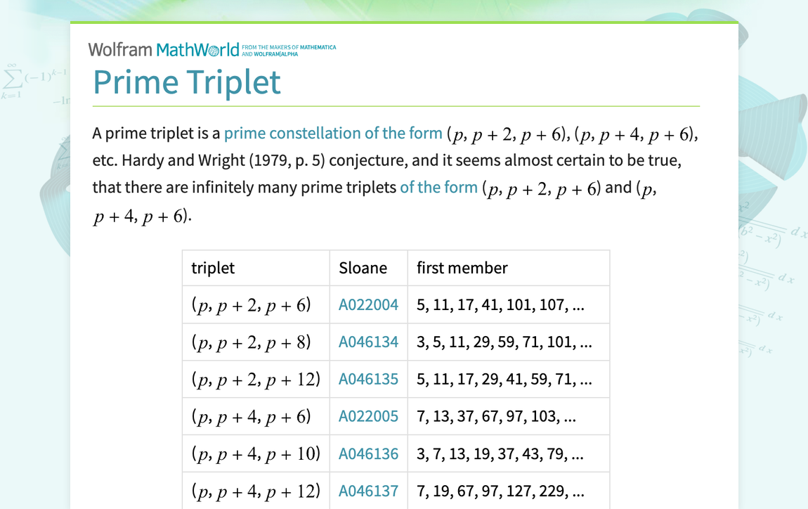 Prime Triplet -- from Wolfram MathWorld