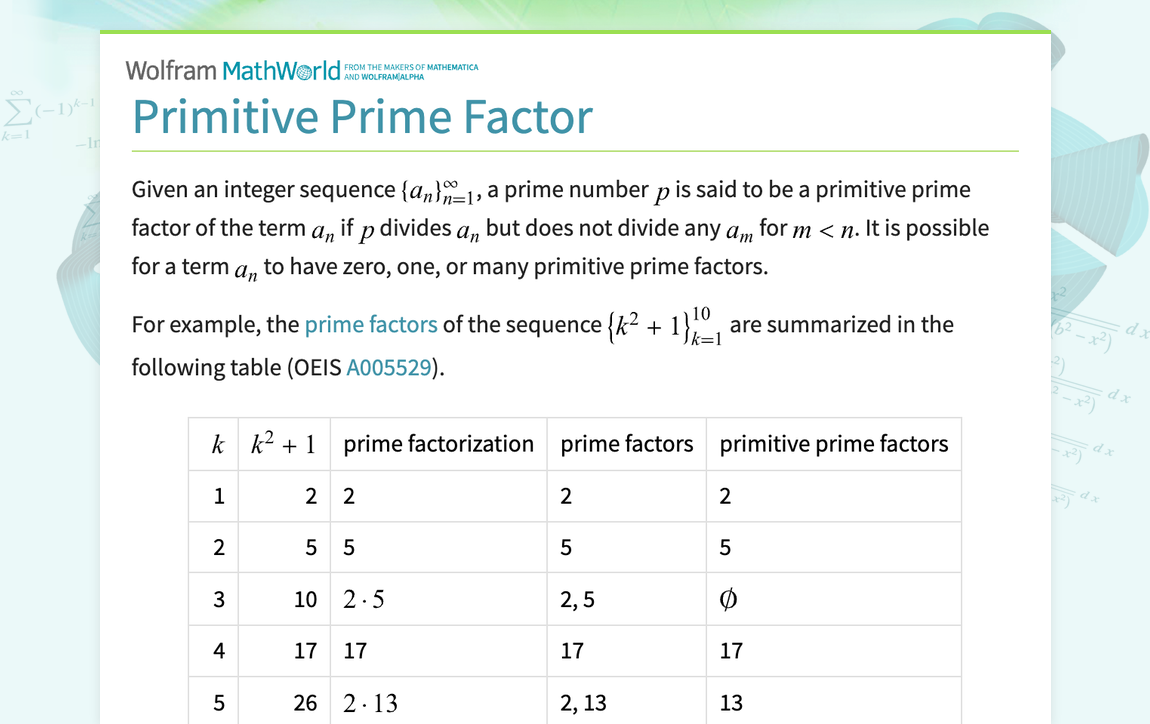 Primitive Prime Factor -- from Wolfram MathWorld