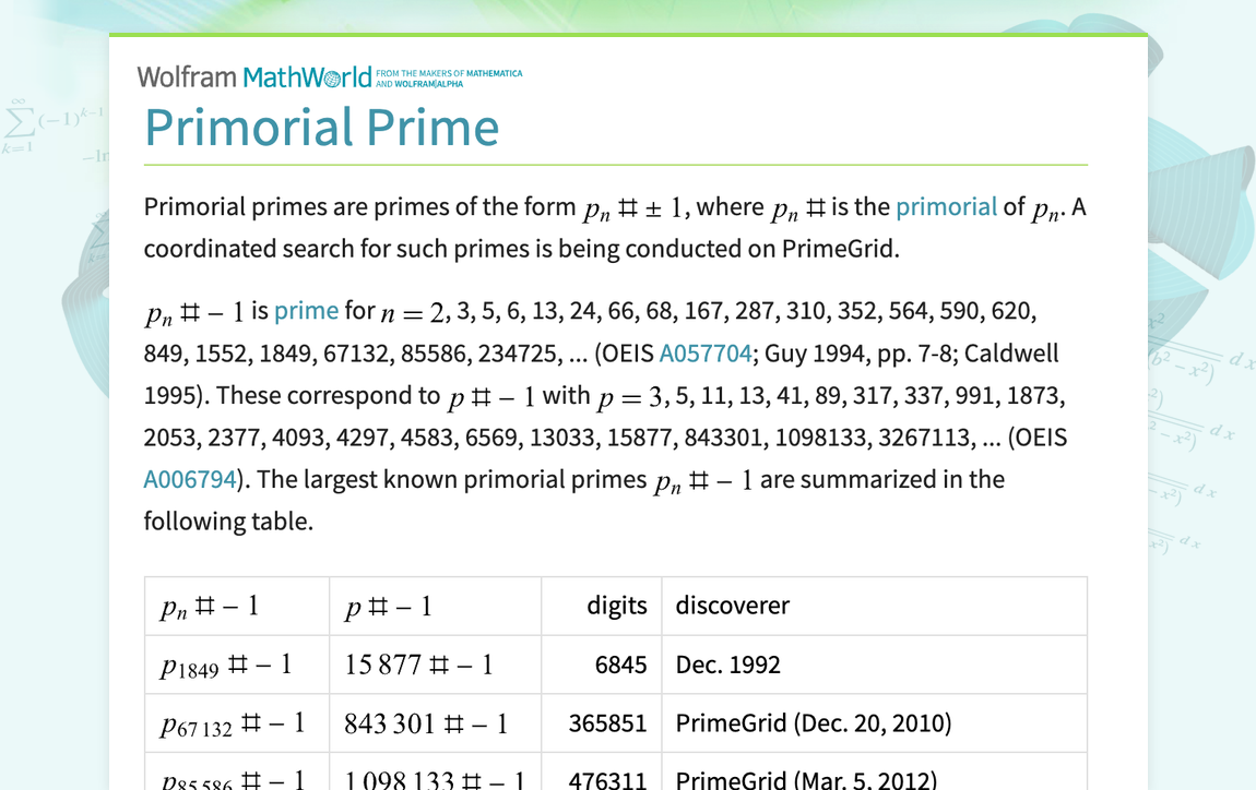 Primorial Prime -- from Wolfram MathWorld