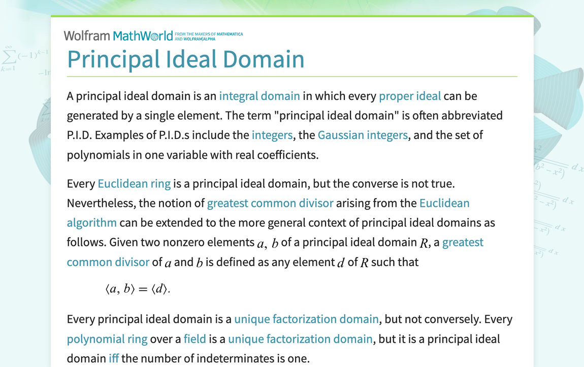 Principal Ideal Domain -- from Wolfram MathWorld