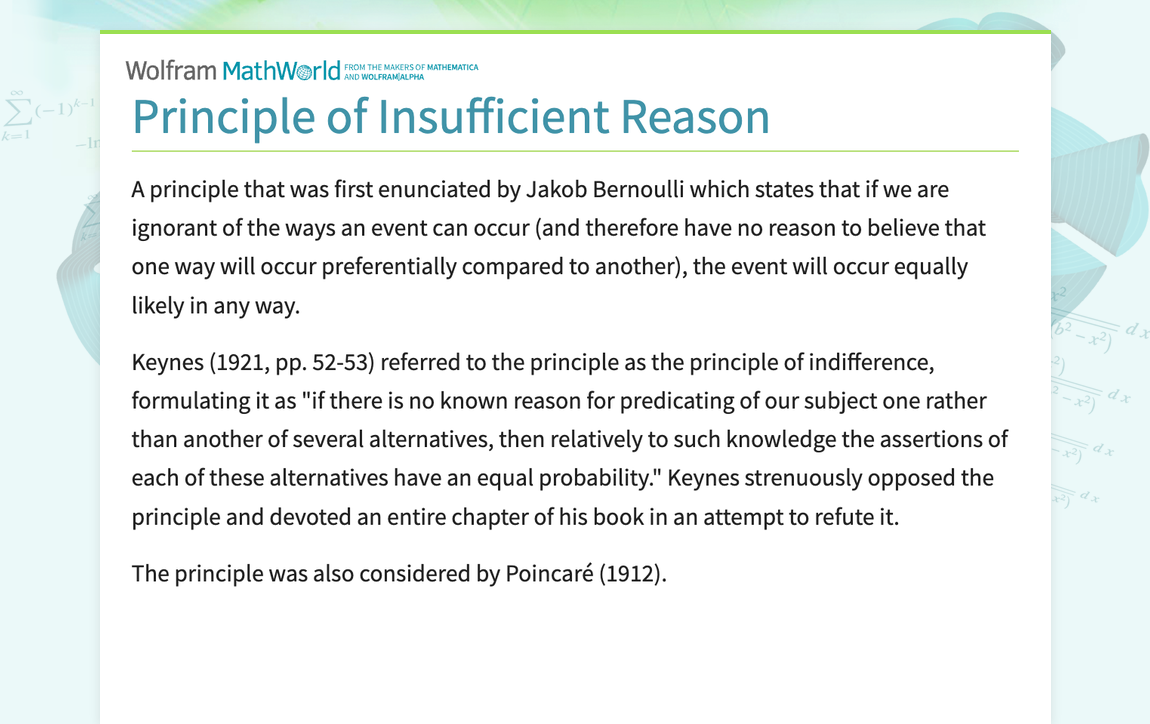 Principle of Insufficient Reason -- from Wolfram MathWorld