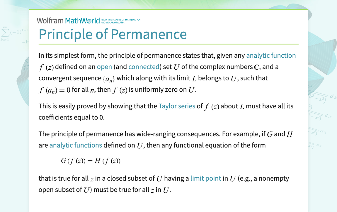 Principle of Permanence -- from Wolfram MathWorld