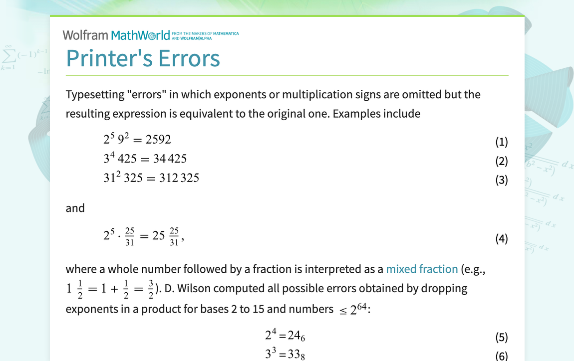 Printer's Errors -- from Wolfram MathWorld