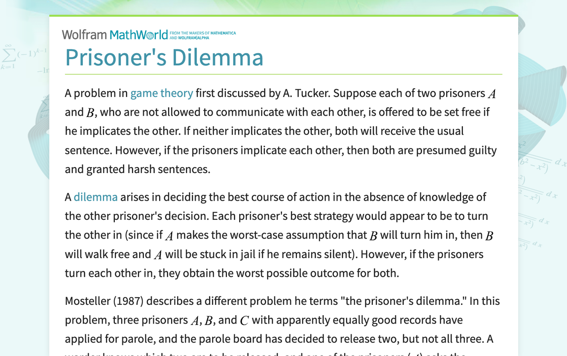 Prisoner's Dilemma -- from Wolfram MathWorld