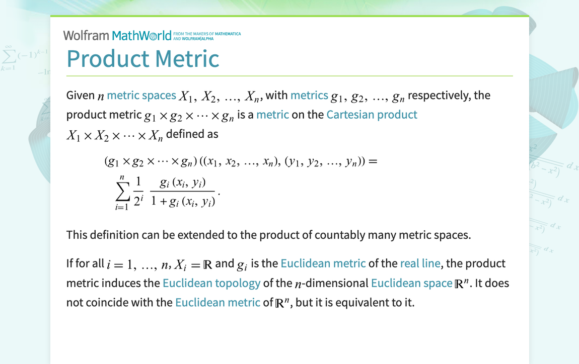 Product Metric From Wolfram Mathworld