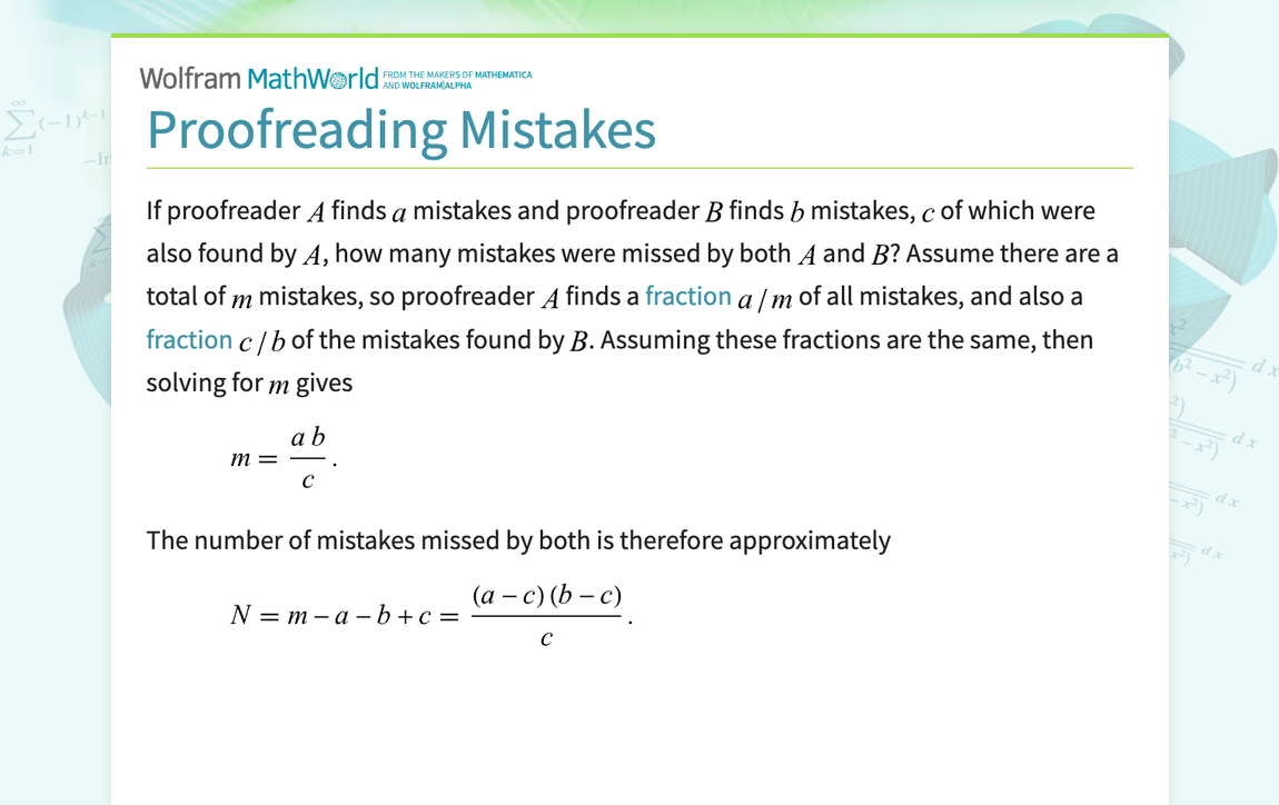 Proofreading Mistakes -- from Wolfram MathWorld