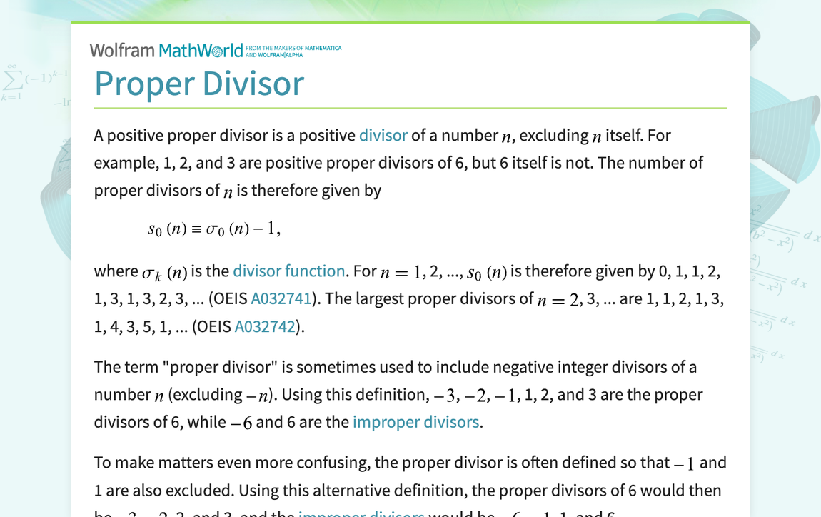 Proper Divisor -- from Wolfram MathWorld