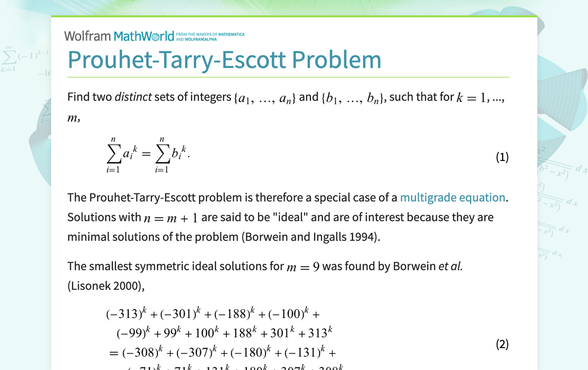Prouhet-Tarry-Escott Problem -- from Wolfram MathWorld