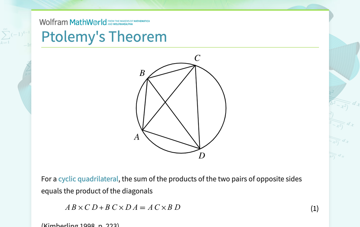 Ptolemy's Theorem -- from Wolfram MathWorld