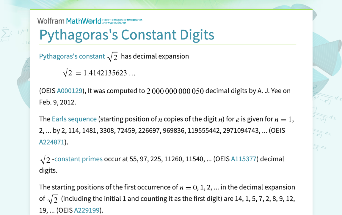 Pythagoras's Constant Digits -- from Wolfram MathWorld
