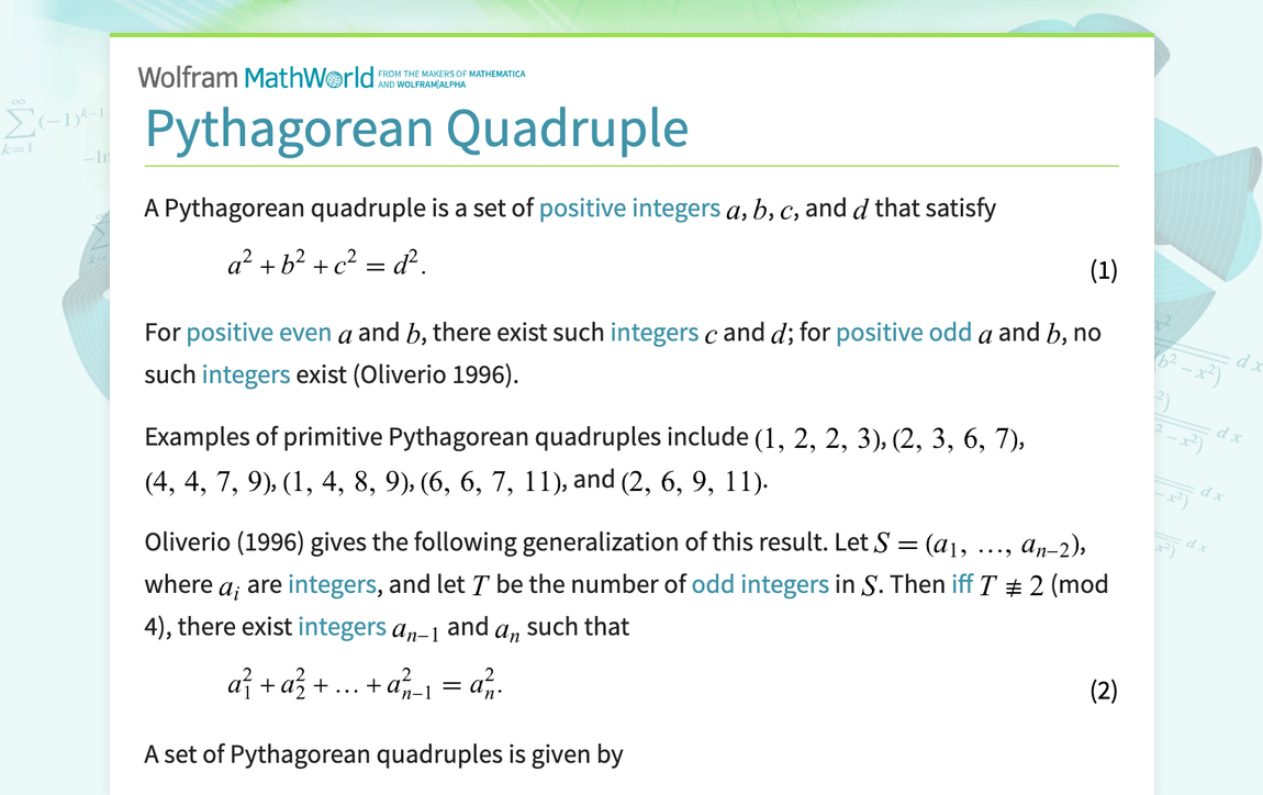 Pythagorean Quadruple -- from Wolfram MathWorld
