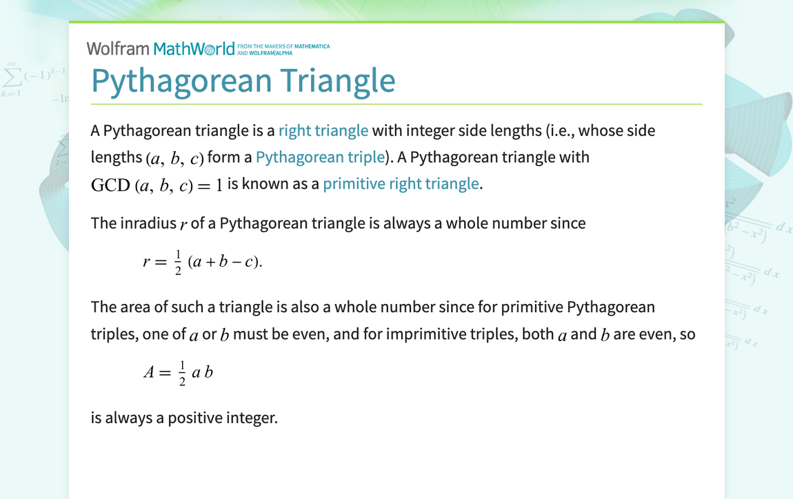 Pythagorean Triangle -- from Wolfram MathWorld