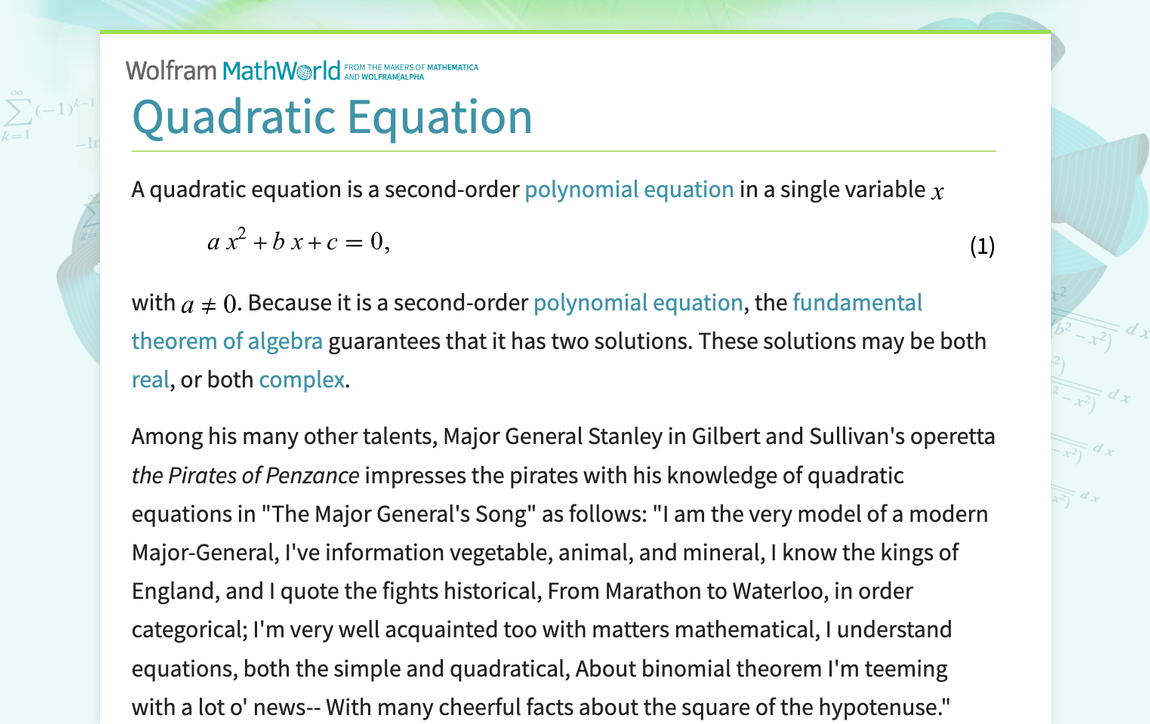 Quadratic Equation -- from Wolfram MathWorld