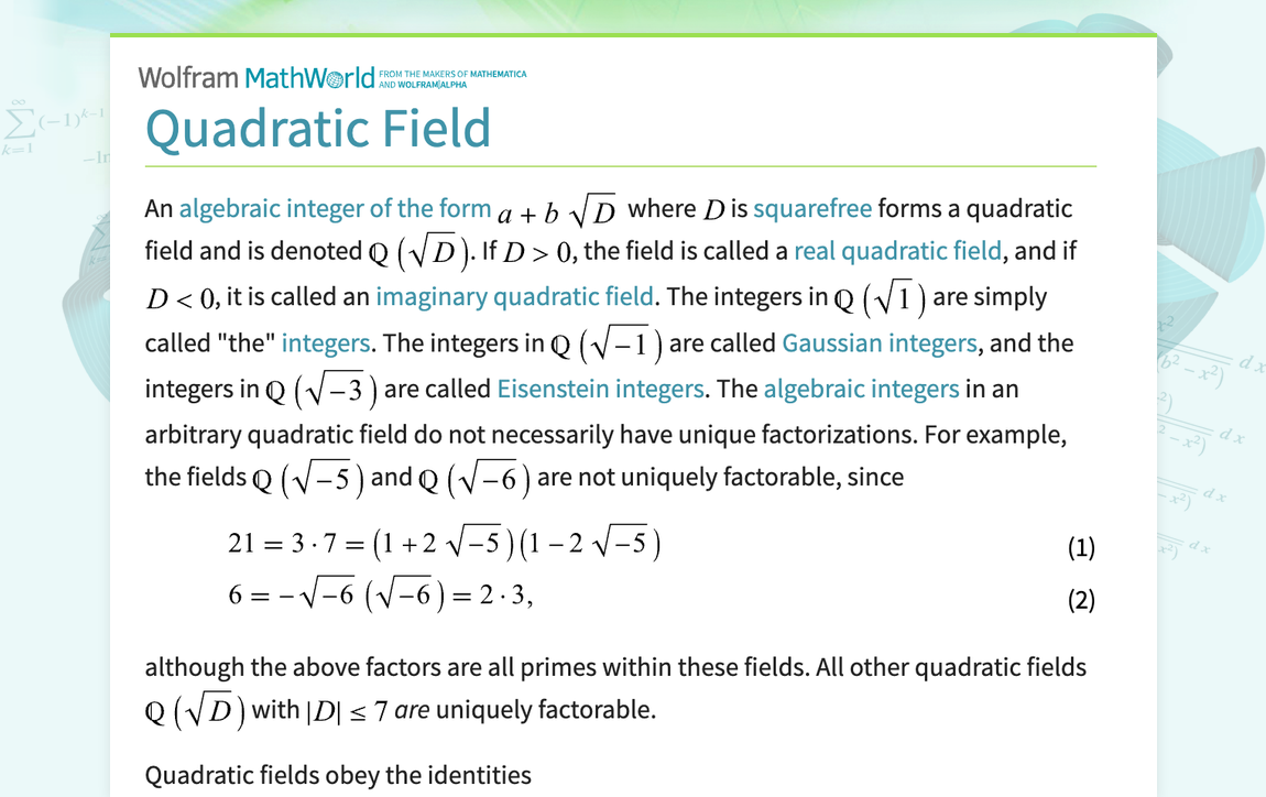 Quadratic Field -- from Wolfram MathWorld