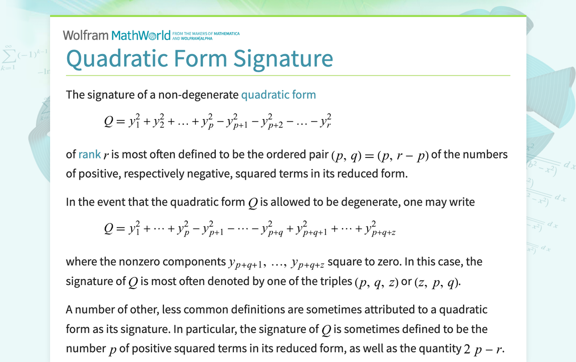 Quadratic Form Signature -- from Wolfram MathWorld