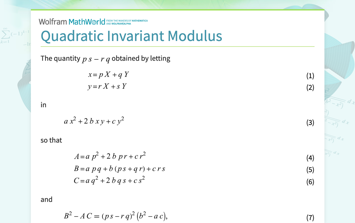 Quadratic Invariant Modulus -- from Wolfram MathWorld