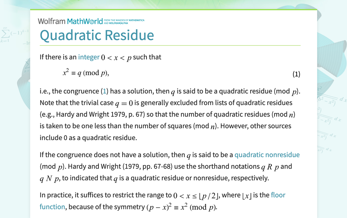 Quadratic Residue -- from Wolfram MathWorld